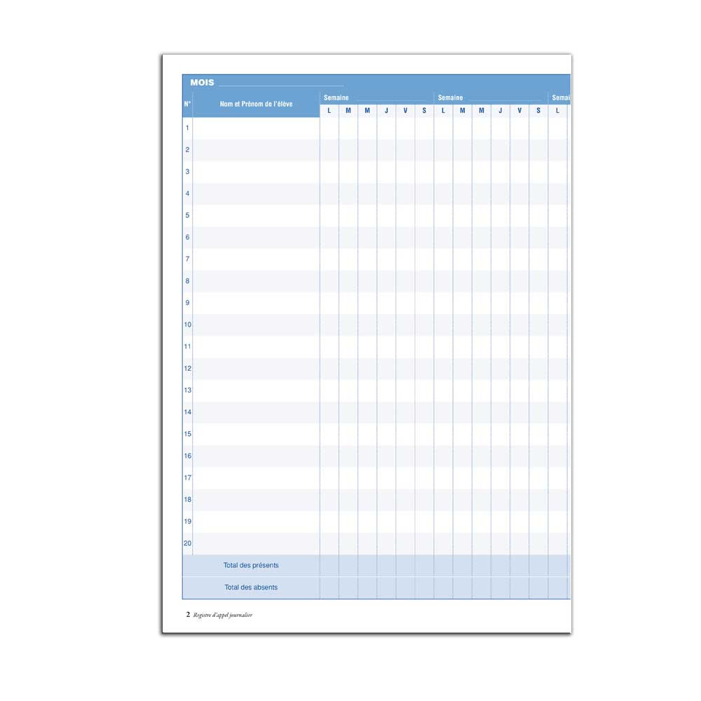 Registre d'appel journalier - Cahier pour l'appel des élèves