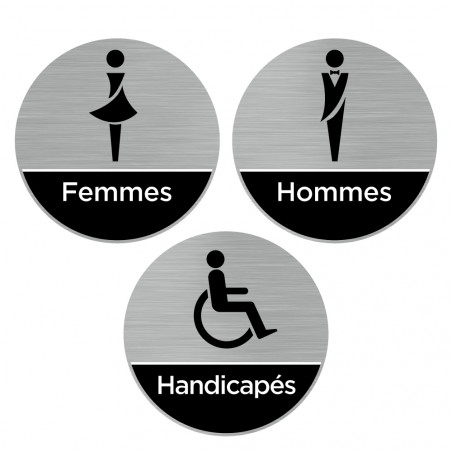 Lot 3 Pictogrammes WC Hommes Femmes Handicapés. Sticker ou Plaque alu