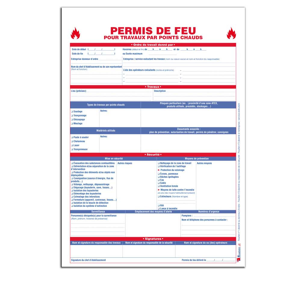 Registre de sécurité Permis de feu pour travaux par points chauds
