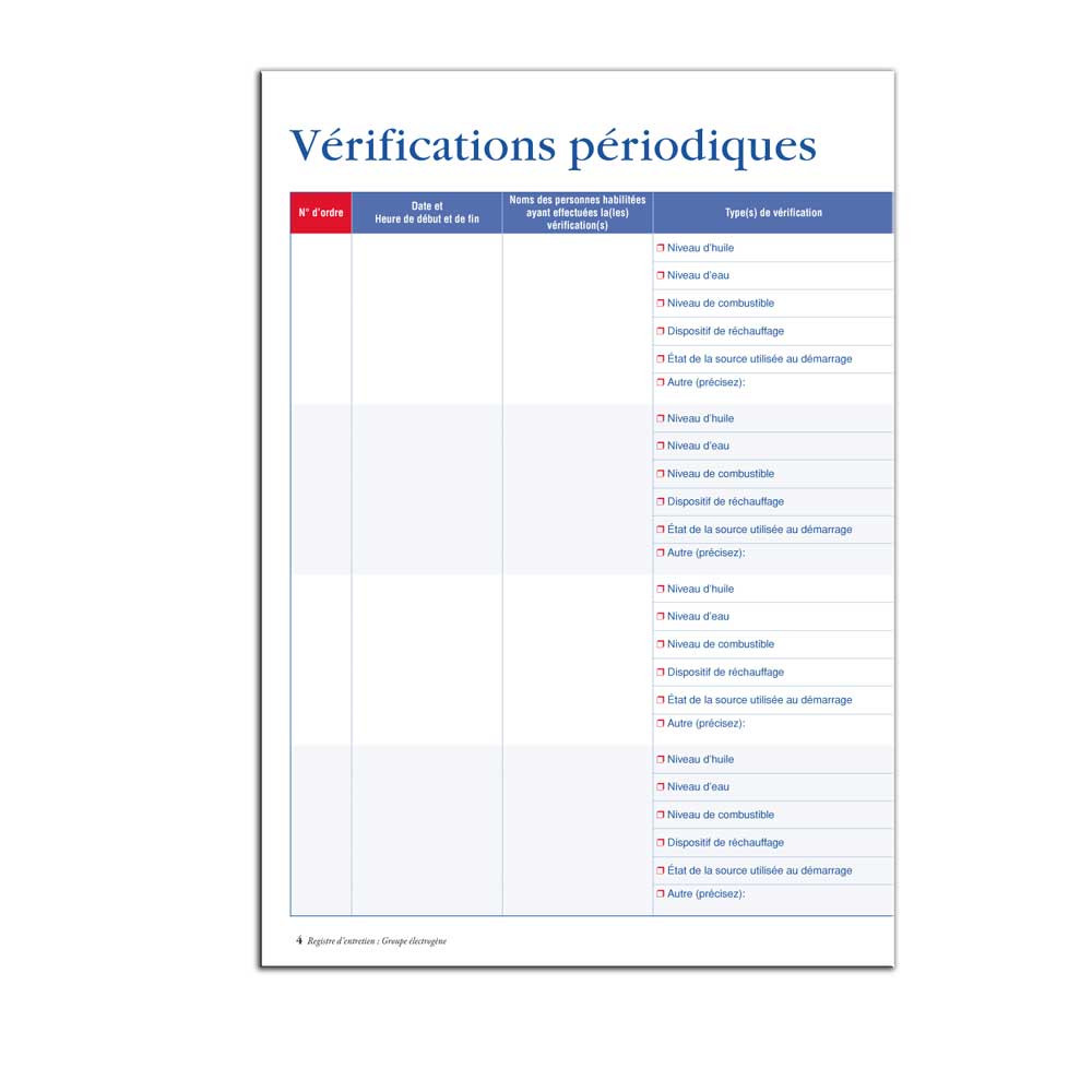 Registre d'entretien Groupe Électrogène (RS_P059). Registre de sécurité ...