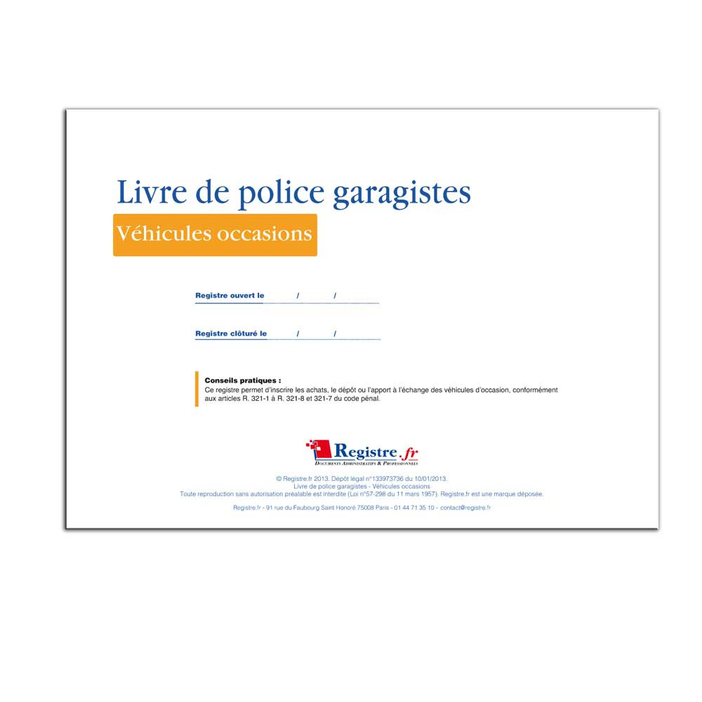 LIVRE DE POLICE GARAGISTES VÉHICULES OCCASIONS (RS_M080) Registre ...