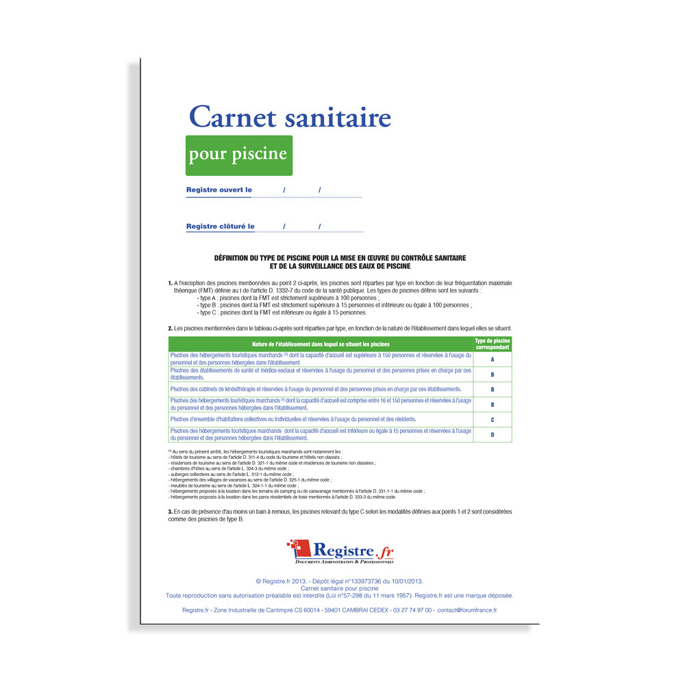 Carnet sanitaire pour piscine - Carnet sanitaire obligatoire