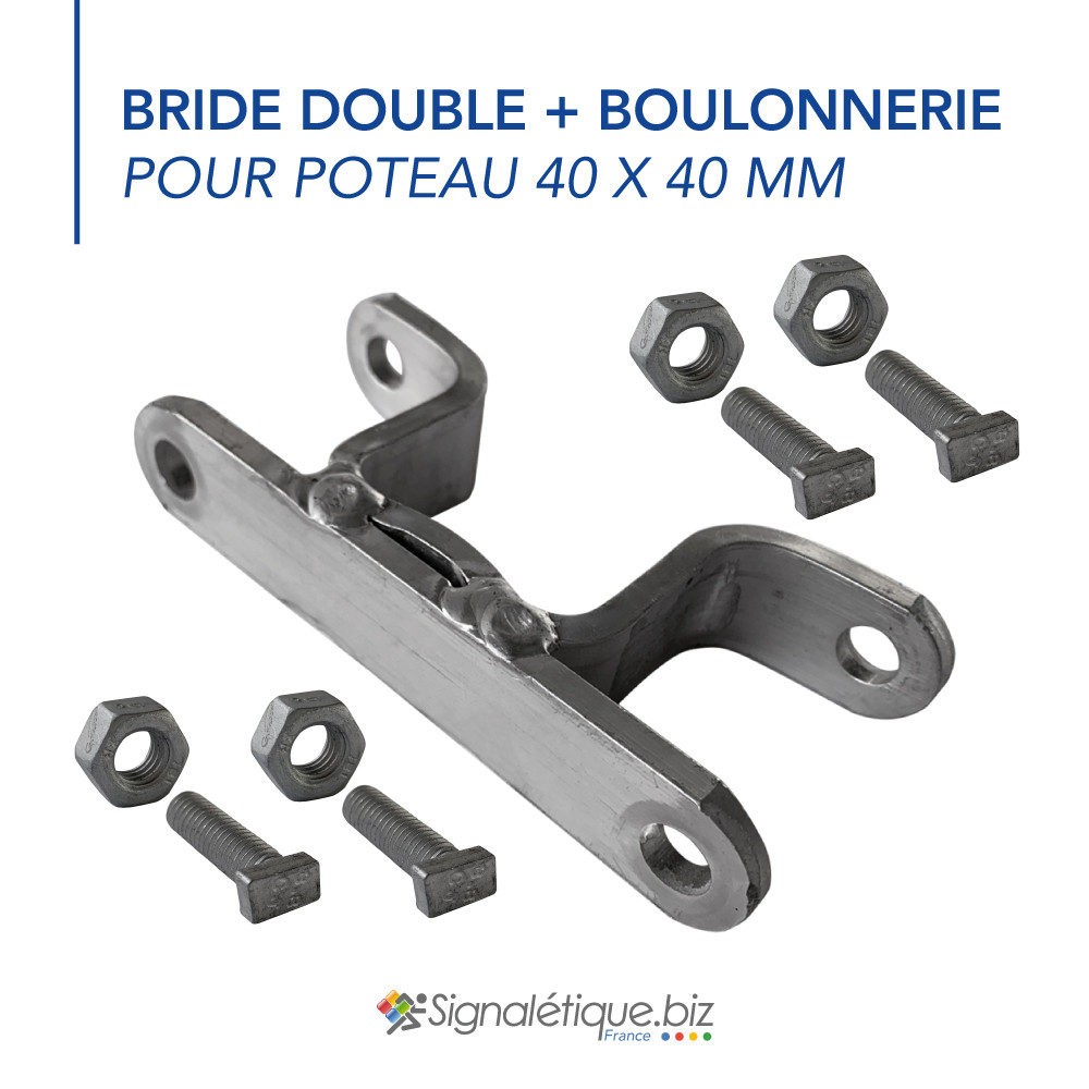 Bride de fixation pour panneaux routiers sur poteau. Bride double en alu avec vis