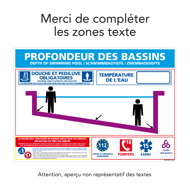 Panneau Profondeur des bassins pour piscine, profondeurs à personnaliser